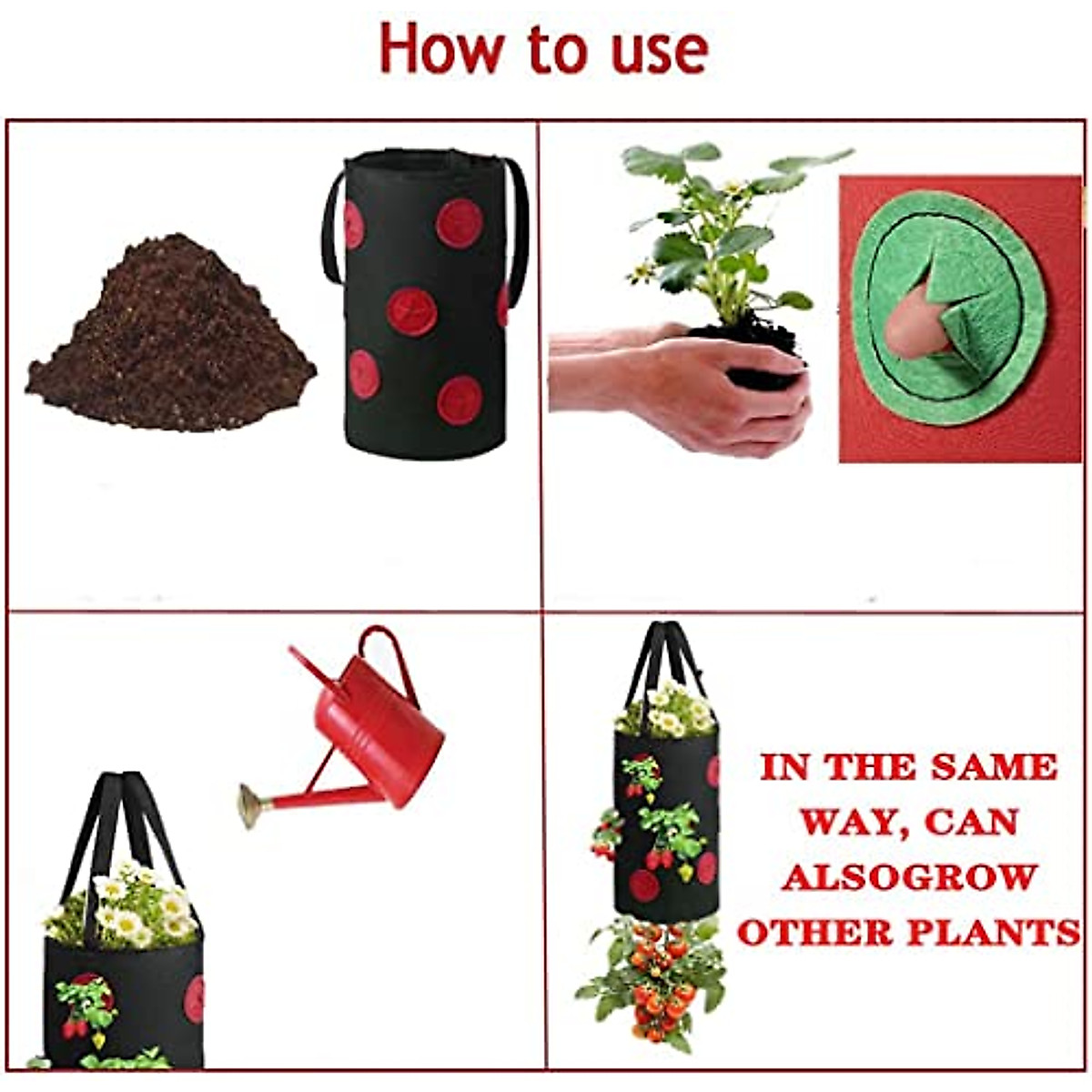 4 Pcs Upside Down Strawberry Planter- 4 Hooks 3 Gallon Hanging Strawberry Planter Hanging Planter,Sturdy Hanging Handle Thickened Breathable Felt Cloth for Tomato Hot Peppers Vegetables (4Pcs 3Gal)