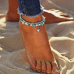Suyi Sea Turtle Ankle Bracelet Set Multilayer Beach Anklets Handmade Boho Anklets for Women 5pcs