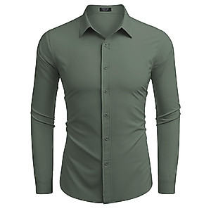 COOFANDY Mens Dress Shirts Long Sleeve Fitted Button Down Shirt Untucked Shirt Army Green
