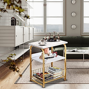 Garden 4 you End Table 2PC Side Table 3 Tiers White Marble Nightstand Industrial Retro Storage Shelf for Living Room Bedroom Kitchen Family and Office,Stable Wood and Metal Frame