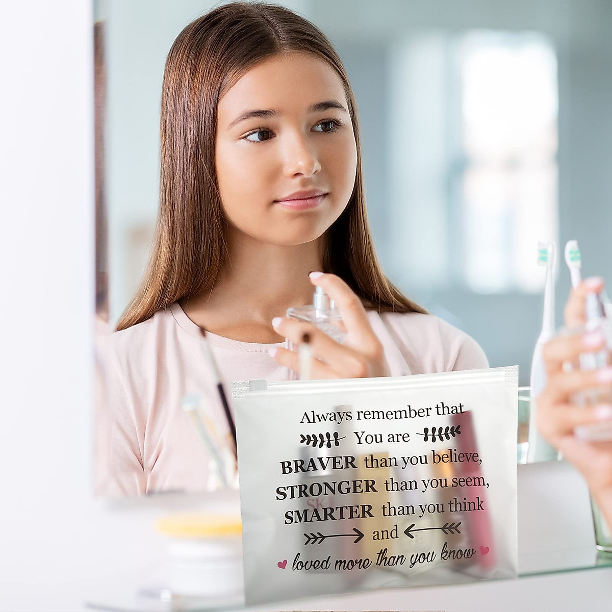 Reginary 50 Pcs Inspirational Gifts Bulk for Women Cosmetic Bag EVA You Are Braver Awesome Makeup Bag Mini Toiletry Bag with Zipper Encouragement Birthday Gift for Friend(You Are Awesome)