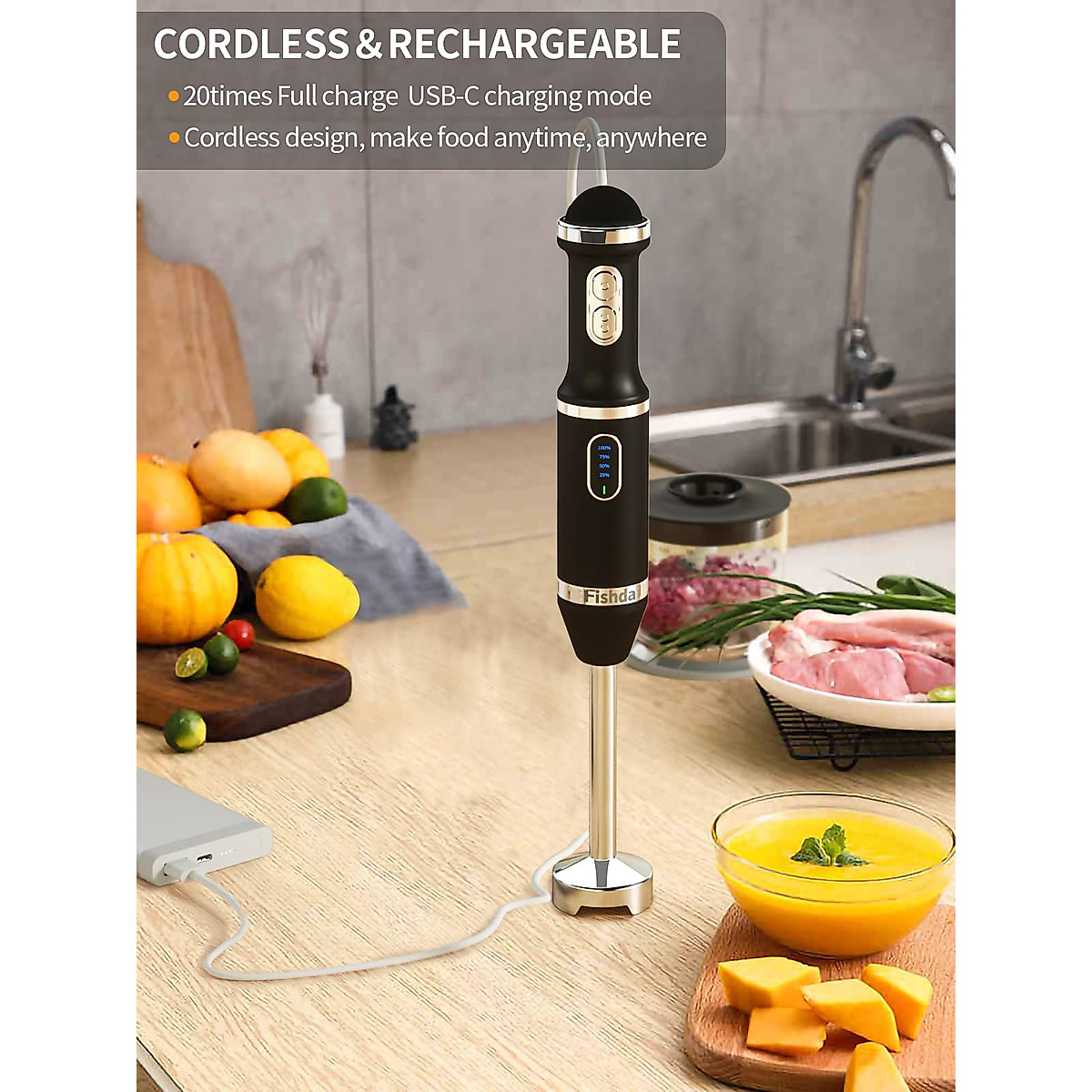 Cordless Hand Blender,Immersion Multi-Functional Hand Blender,4-In-1 Variable Speed Rechargeable,with Beaker,Food Chopper,Egg Whisk,for Baby Food, Smoothies, Sauces-Black