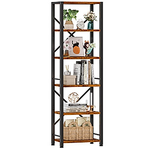 Furologee 6 Tier Tall Bookshelf, Industrial Narrow Bookcase, Display Standing Shelf Units, Metal and Wood Storage Rack Organizer for Living Room, Home Office, Entryway, Kitchen, Rustic Brown