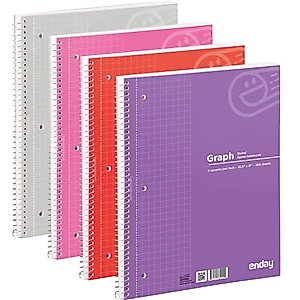 Graph Paper Notebook Quad Ruled Spiral Grid Notebook PACK Of 4 White Paper 100 Sheets Assorted Colors Wire Bound Graphing Books - by Emraw