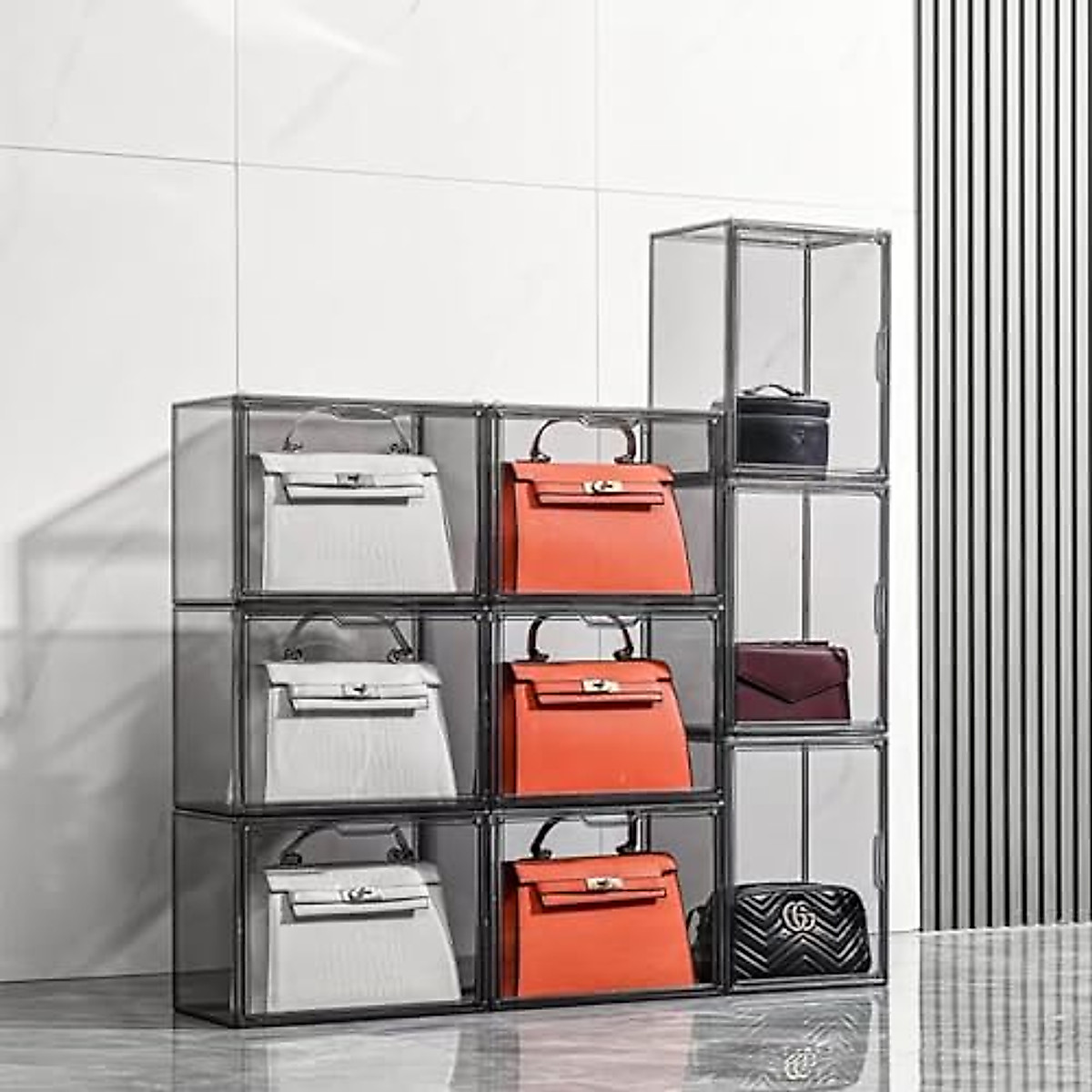 WMM Purse Storage Organizer for Closet, 3 Packs Plastic Acrylic Clear Handbag Purse Shoes Book Figure Toy Display Case, Storage Bins for Cosmetic, Stackable Magnetic Drop Front Storage Organizer