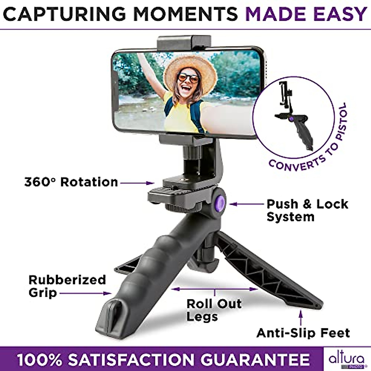 Altura Photo Tripod for iPhone - Phone Stabilizer & Cell Phone Tripod w/Ergonomic Stable Grip - 360 Degree Rotating Phone Holder iPhone Tripod Stand - Stocking Stuffers iPhone Tripod