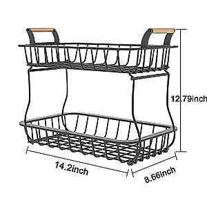 2 Tier Fruit Storage Basket Countertop for Kitchen, Bread Vegetable Farmhouse Fruit Basket Bowl Stand Detachable Metal Wire Basket with Wooden Handle for Kitchen, Reception, Dining Table（Black）