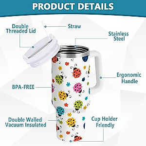 ARGTILDN 30 oz Tumbler Colorful Ladybugs Flowers Insulated Travel Mug with Handle and Straw Lid Stainless Steel Vacuum Coffee Cup Tea Beverage Container Water Bottles for Car Sports office