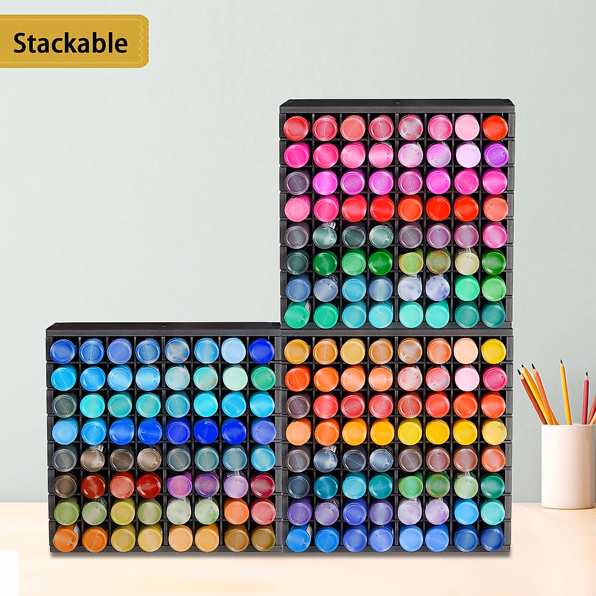 Krafetto 64 Grids Craft Paint Storage Organizer, Wall-mountable Paint Holder, Stackable Paint Bottle Rack Stand for Apple Barrel, Folkart -2oz Craft Paints, Black