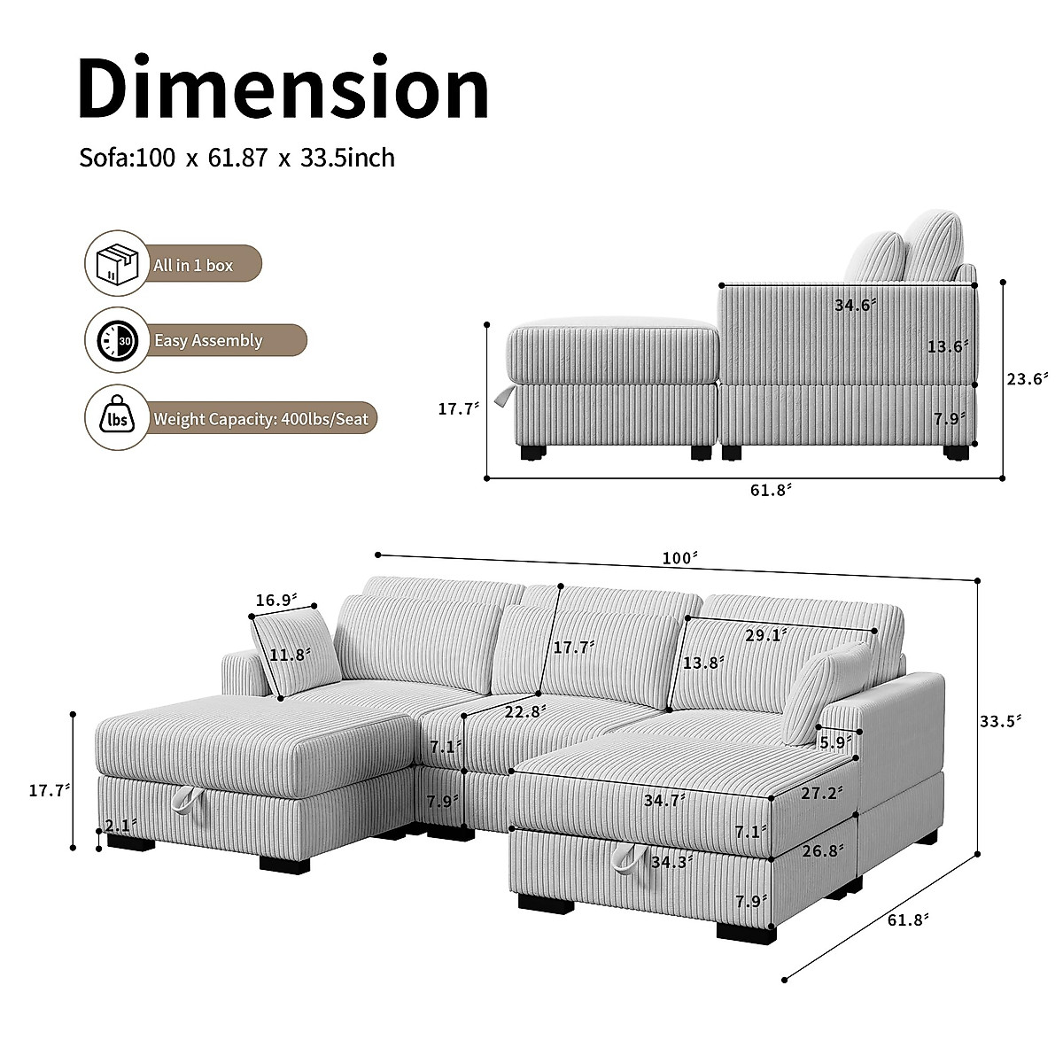 Ravas 100 inch Modular Sectional Sofa,5 Seater Oversized Convertible L | U Shaped Couch, Corduroy Fabric with 2X Storage Bench and 8 Cushion Pillows, Reversable Sofa Couch for Living Room,Lounge