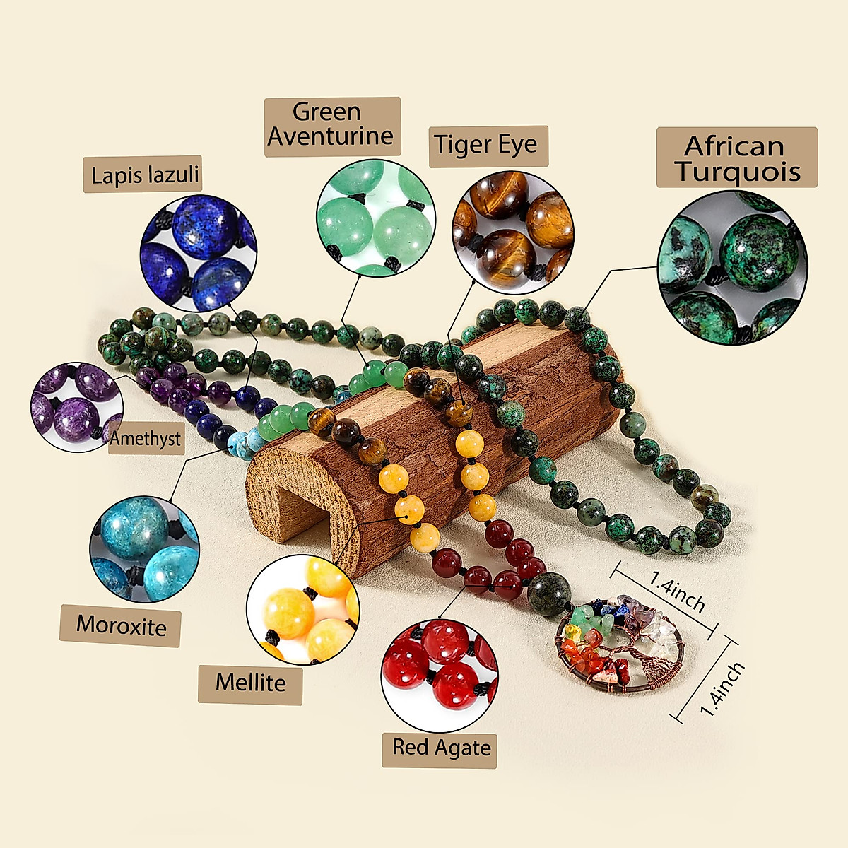 Bivei 108 Mala Beads Necklace Tree of Life 7 Chakra Wrap Bracelet Real Healing Gemstone Yoga Meditation Hand Knotted Mala Prayer Bead Necklace(African Turquoise 8mm)