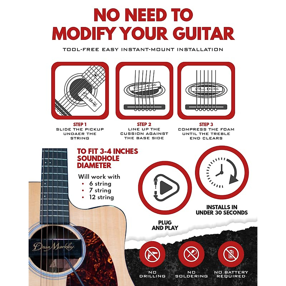 Dean Markley Pro Mag Grand Acoustic Guitar Humbucker Pickups, Maple Wood Design Active Soundhole Pickup Ebony Finish, Hum-Cancelling Acoustic Guitar Pickup for Studio Recording and Live Performance