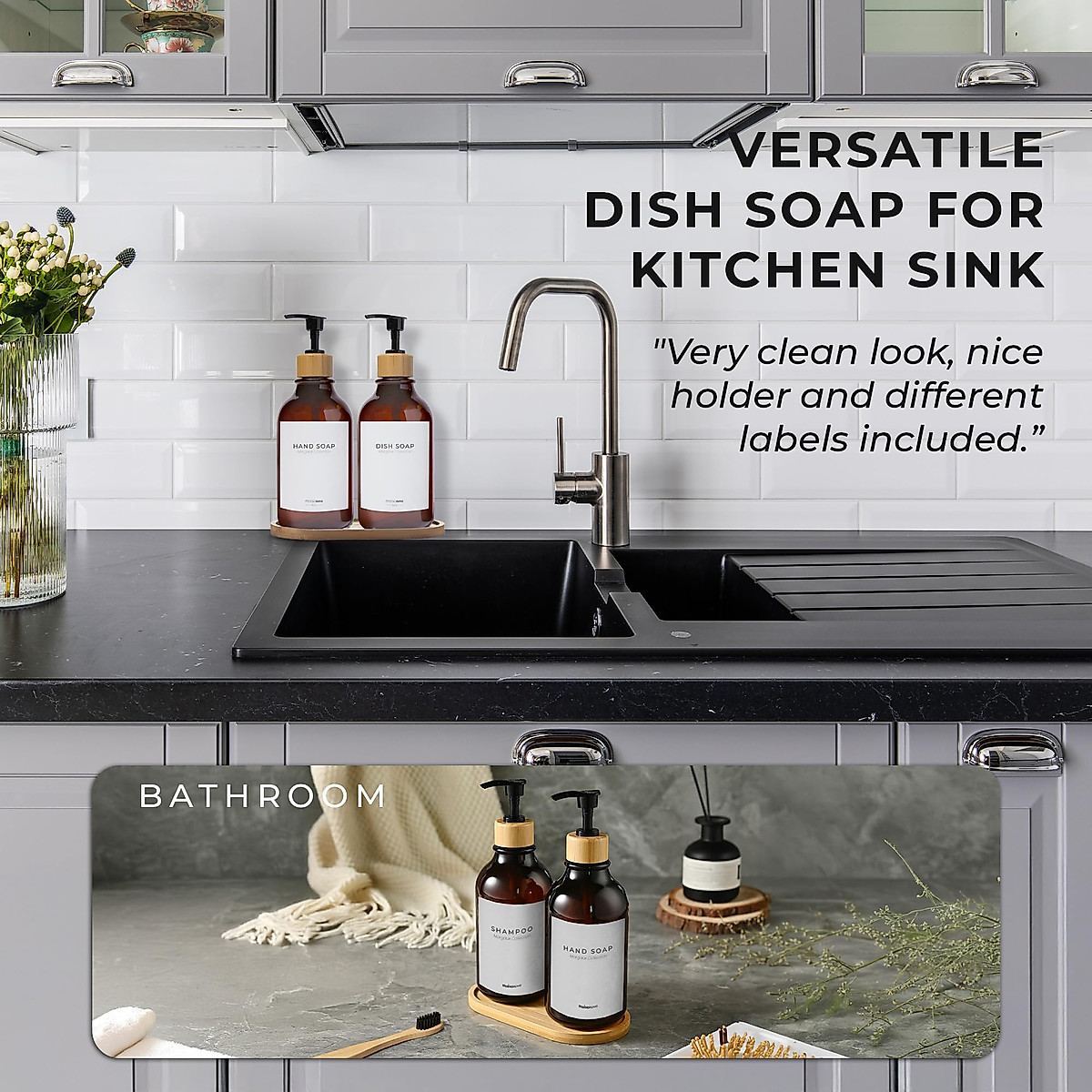 MaisoNovo Soap Dispenser 3-Piece Set | 16.9oz Amber Bottles with Black Bamboo Pumps