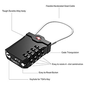 TSA Approved Luggage Locks with Steel Cable 4 Digit Combination Lock with Inspection Indicator Keyless Padlock for Suitcase Backpack Baggage (2 Pack)