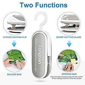 2-in-1 Bag Sealer, longzon Mini Handheld Vacuum Portable Sealer with Hook, Chip Snack Plastic Bag Heat Sealer and Cutter, Resealer Machine Keep Food Fresh, Quenta Sellador De Bolsas,Powerful Batteries