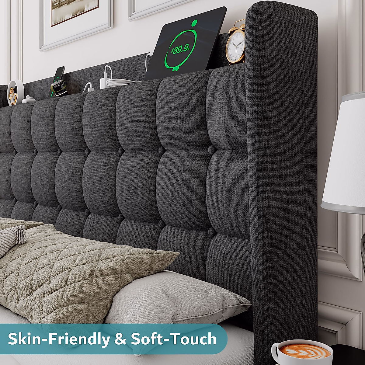 iPormis Queen Bed Frame with Charging & Storage, Upholstered Platform Bed with Button Tufted Wingback Headboard, Heavy-Duty Foundation, No Box Spring Needed, Dark Grey