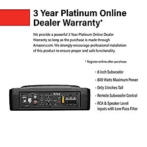BOSS Audio Systems BASS8 8 Inch Under Seat Powered Car Subwoofer – 800 High Output, Low Profile, Built in Amplifier, for Truck, Boxes and Enclosures, Remote Subwoofer Control