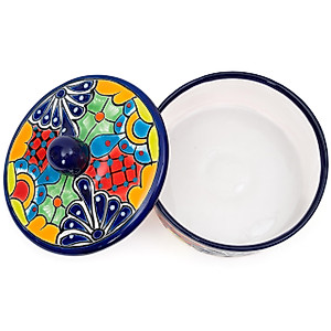 Enchanted Talavera Traditional Authentic Mexican Hand Painted Talavera Ceramic Tortilla Warmer Bowl With Lid Colorful Spanish Mexican Serveware Roti Pancakes Party Serving, Turquoise