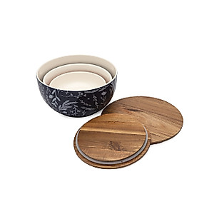 Thirstystone Set of 3 Ceramic Mixing/Salad Bowls with 2 Acacia Wood Lids Attractive Floral Designs Small Medium & Large Bowls