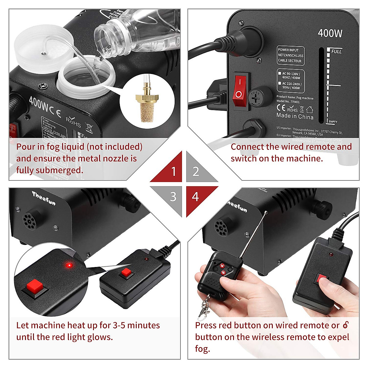 Theefun Fog Machine - 2000CFM Smoke Machine with Wired and Wirelss Remote Control - 400W Halloween Fog Machine with Handle for Christmas Wedding Party and Stage Effect(Size 9.06x4.33x4.53inch)