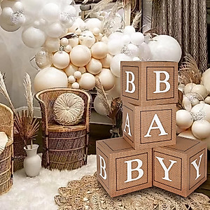 Keencopper Burlap Print Baby Boxes with Letters for Baby Shower, 4pcs Rustic Theme Boho Balloon Boxes Blocks Gender Neutral Baby Shower Decorations for Birthday Gender Reveal Backdrop