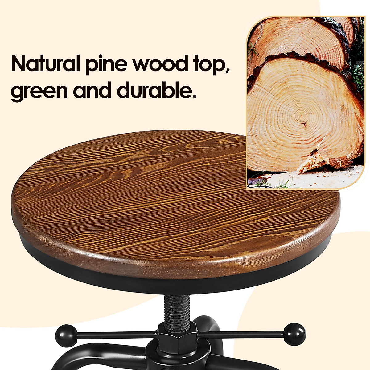 Yaheetech Industrial Bar Stool Vintage Counter Rustic Counter Height Metal Bar Stool Adjustable with Round Wood Seat Kitchen/Dining/Cafe Chair 20-27 Inch Tall, Brown, 1PCS