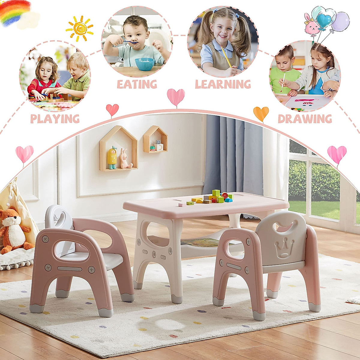DOREROOM Kids Table and Chair Set, Plastic Children Activity Table with 2 Chairs, Toddler Table and Chair Set for Reading, Drawing, Snack Time, Arts Crafts, Preschool, Gift for Boys Girls
