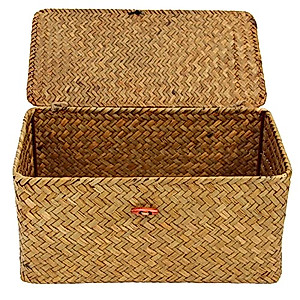 Casaphoria Large Square Sea Grass Baskets for Storage Seaweed Woven Sundries Baskets Sturdy and Durable Natural Material for Make-up with Lid Big Rectangular Seagrass Towel Baskets for Organizing