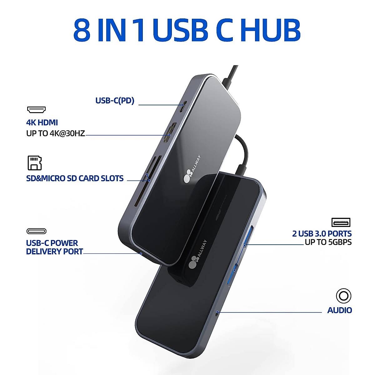USB C Hub, Docking Station, ALLWAY 8 in 1 USB C Adapter with 4K USB C to HDMI, 60W Power Delivery SD/TF Card Reader 2 USB 3.0 Ports USB C Data Port 3.5mm Audio/Mic for MacBook Pro and HP Dell Laptops