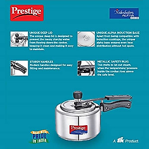 Prestige Nakshatra Alpha Svachh Stainless Steel Induction Base 2 Liter Pressure Cooker with Deep Lid for Spilage Control