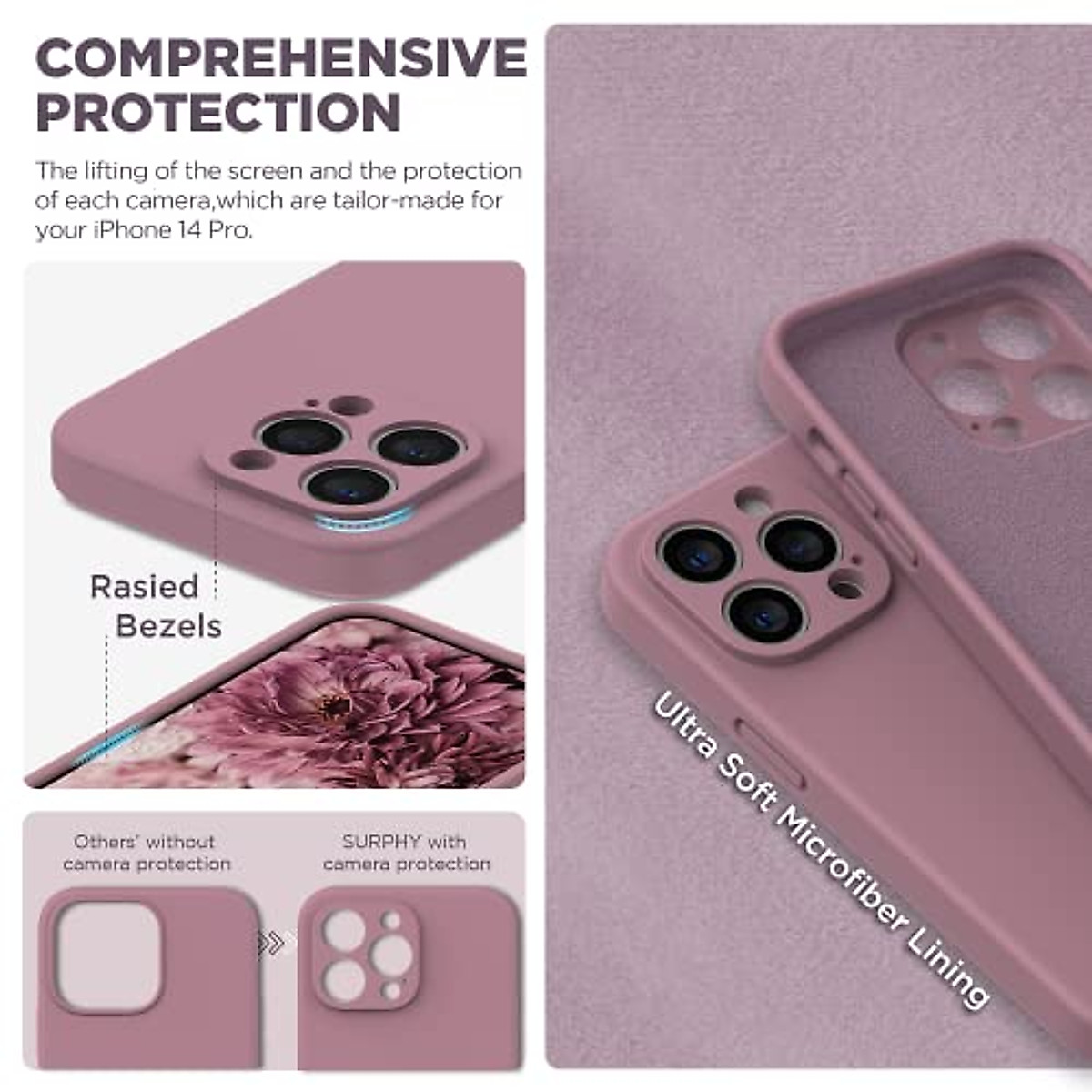 SURPHY Designed for iPhone 14 Pro Case with Screen Protector, (Camera Protection + Soft Microfiber Lining) Liquid Silicone Phone Case, Lilac Purple