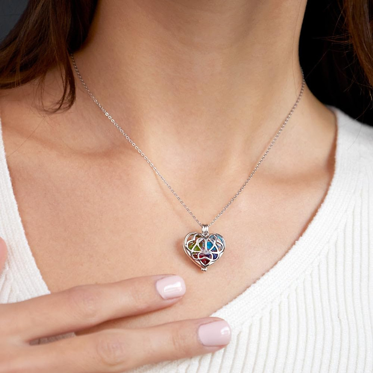 EVE'S ADDICTION Sterling Silver Personalized 6mm Round Simulated Birthstone Heart Caged Locket (16" chain) Personalized Gift for Her - Gifts for Mom