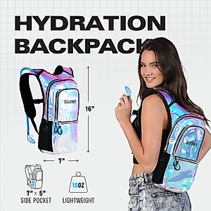 SOJOURNER Rave Hydration Pack Backpack - 2L Water Bladder Included for Festivals, Raves, Hiking, Biking, Climbing, Running and More (Holographic - Blue)