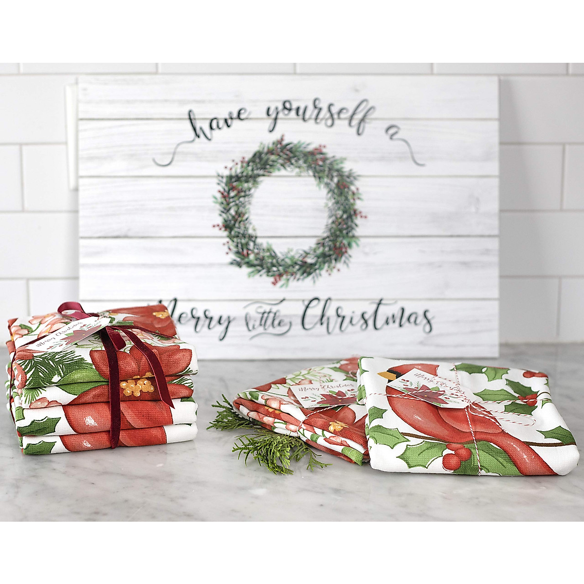 Ritz Dual Print Kitchen Towels, Watercolor Christmas Set, Great Christmas Gift, 100% Cotton, Highly Absorbent, Machine Washable, 4 Pack