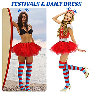 Tulle Tutu Costume Set Tulle Tutus Skirts Blue Headband Ponytails Long Knee Thigh High Striped Socks for Halloween(Fresh Color,S)