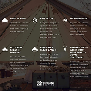 Psyclone Tents Fixed Floor Extra Windows 5m/16.4ft Luxury Bell Tent Outdoor All Weather 8-10 Person Cotton Canvas Yurt Large Tent for Family Camping Glamping Hiking and Festivals
