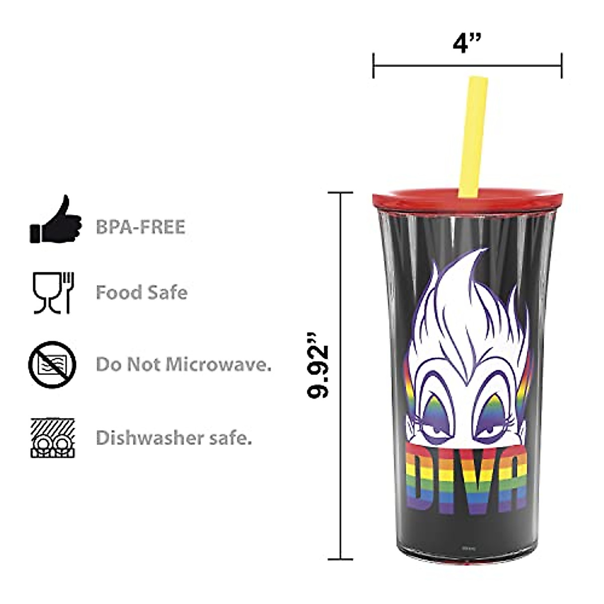 Zak Designs Disney Halloween Rainbow Collection Double-Wall Insulated Plastic Tumbler for Cold Drinks, Travel Cup with Splash-Proof Lid and Straw Made with Durable Materials (Ursula, 20 oz, Non BPA)