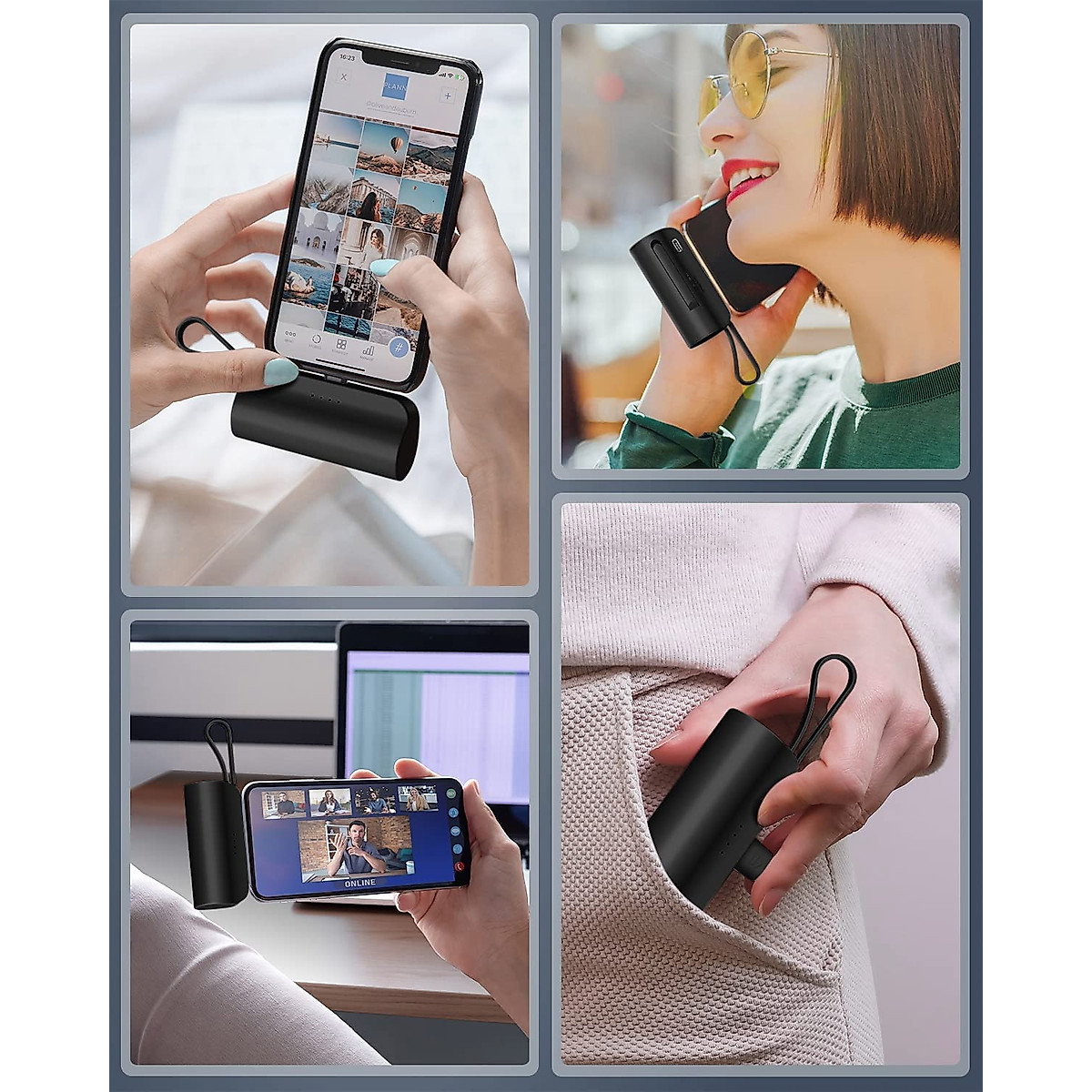 Abnoys Power-Bank-Portable-Charger - 8000mAh Ultra Compact Portable Phone Charger 5V3A Output Battery Pack Built-in Type-C Cable and Cell Phone Holder Compatible with iPhone and Samsung, etc. (Black)