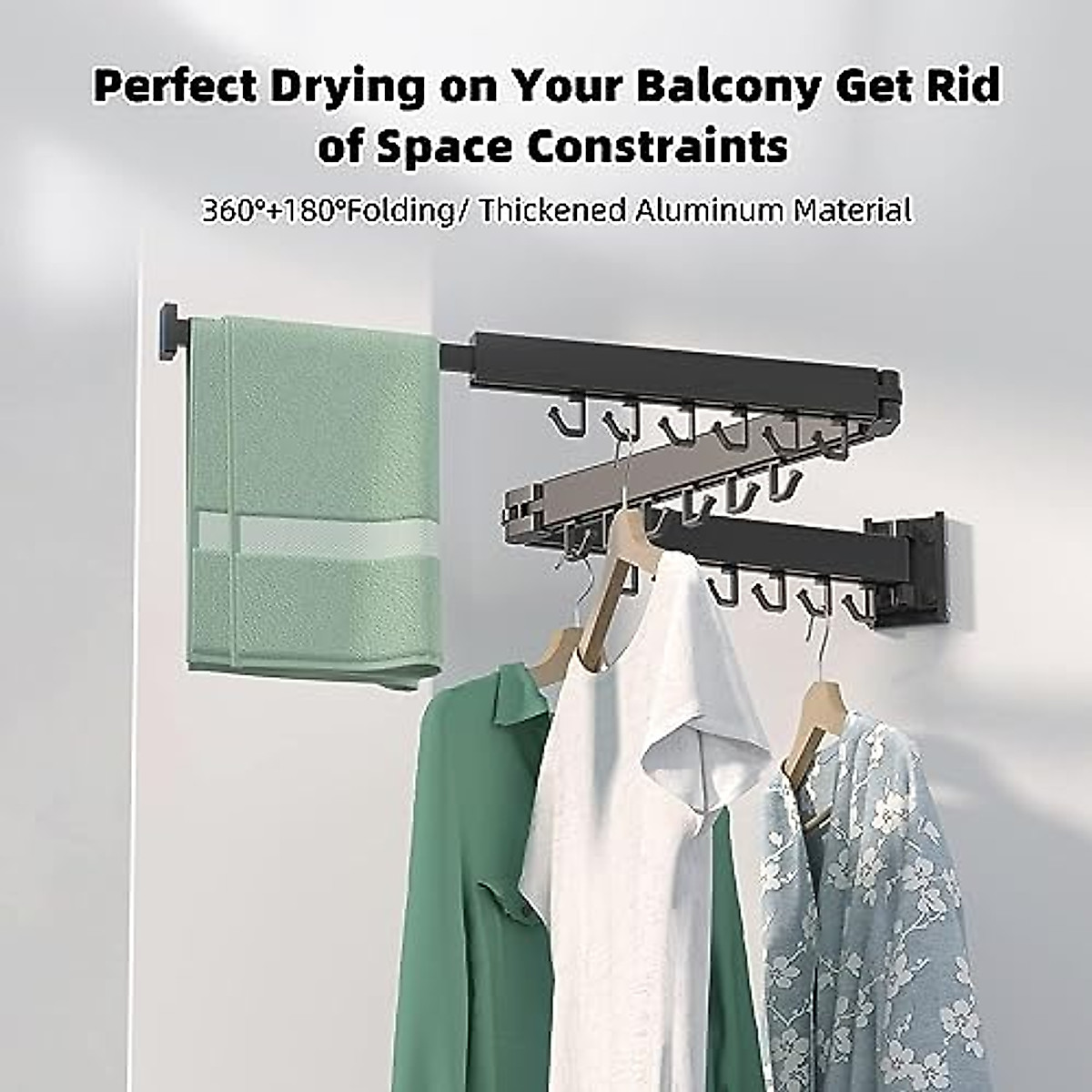 BHeadCat Clothes Laundry Drying Rack Wall Mounted, Retractable Garment Hanger with Hooks, Easy to Install, Strong Load-Bearing, Tri-Collapsible Clothes Dry Rack for Balcony, Bathroom, Bedroom