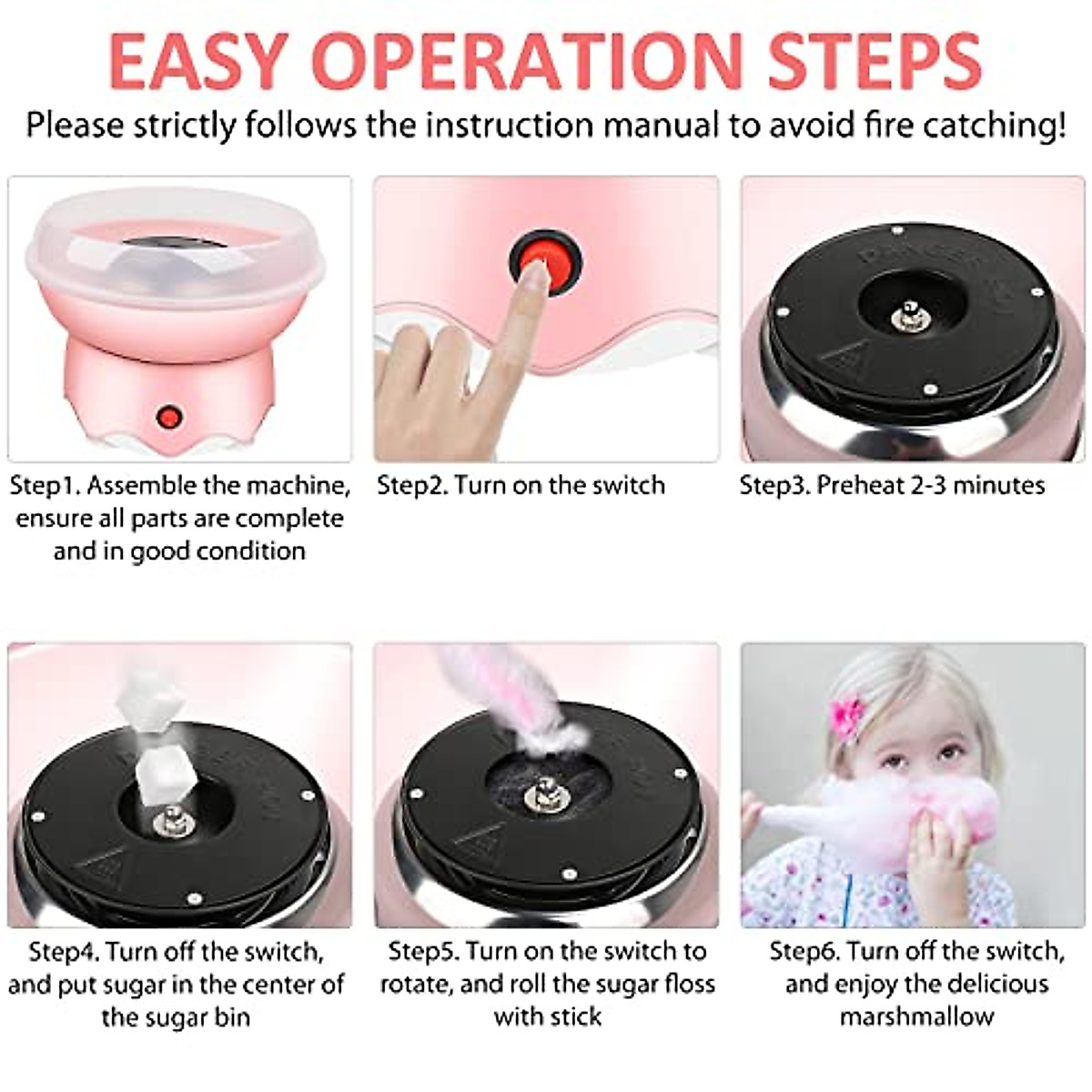 Cotton Candy Machine for Kids,Candy Floss Maker,Portable Cotton Candy Maker,DIY Marshmallow Machine with Large Splash-Proof Plate for Home Birthday Family Party Cinema (Pink)