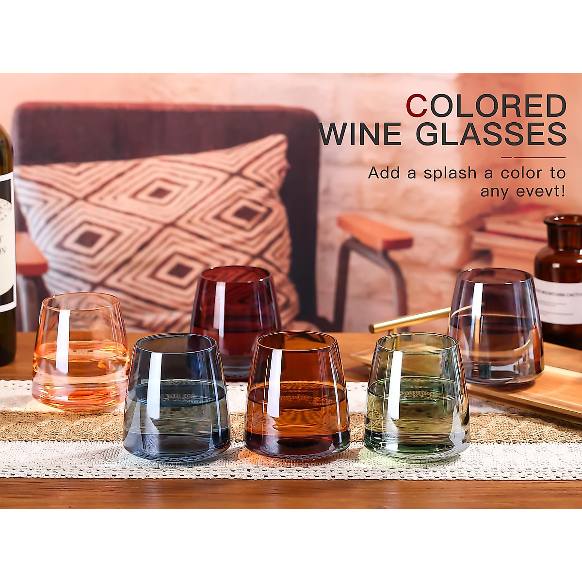 comfit Stemless Colored Wine Glasses Set of 6-15oz Colorful Wine Glasses,Perfect Red Wine Glass Stemware for Wine Lover in Mothers Day Gifts,Party