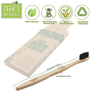 Biodegradable Eco-Friendly Natural Bamboo Charcoal Toothbrushes - Pack of 4 - Numbered - Charcoal Infused Bristles