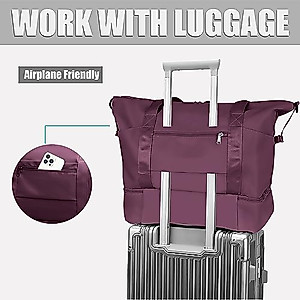 MOCARE Travel Duffel Bag, Sports Gym Tote Carry on Bags for Women, Foldable Lightweight Overnight Shoulder Weekender Shopping Hospital Handbag with Shoes Compartment (Purplish Red)