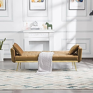 FREESNOOZE 72.4'' Convertible Velvet Sleeper Sofa Bed Loveseat Futon Couch w/2 Cupholders, Metal Legs, 2 Pillows for Home, Office, Guest Room, Apartment-Brown