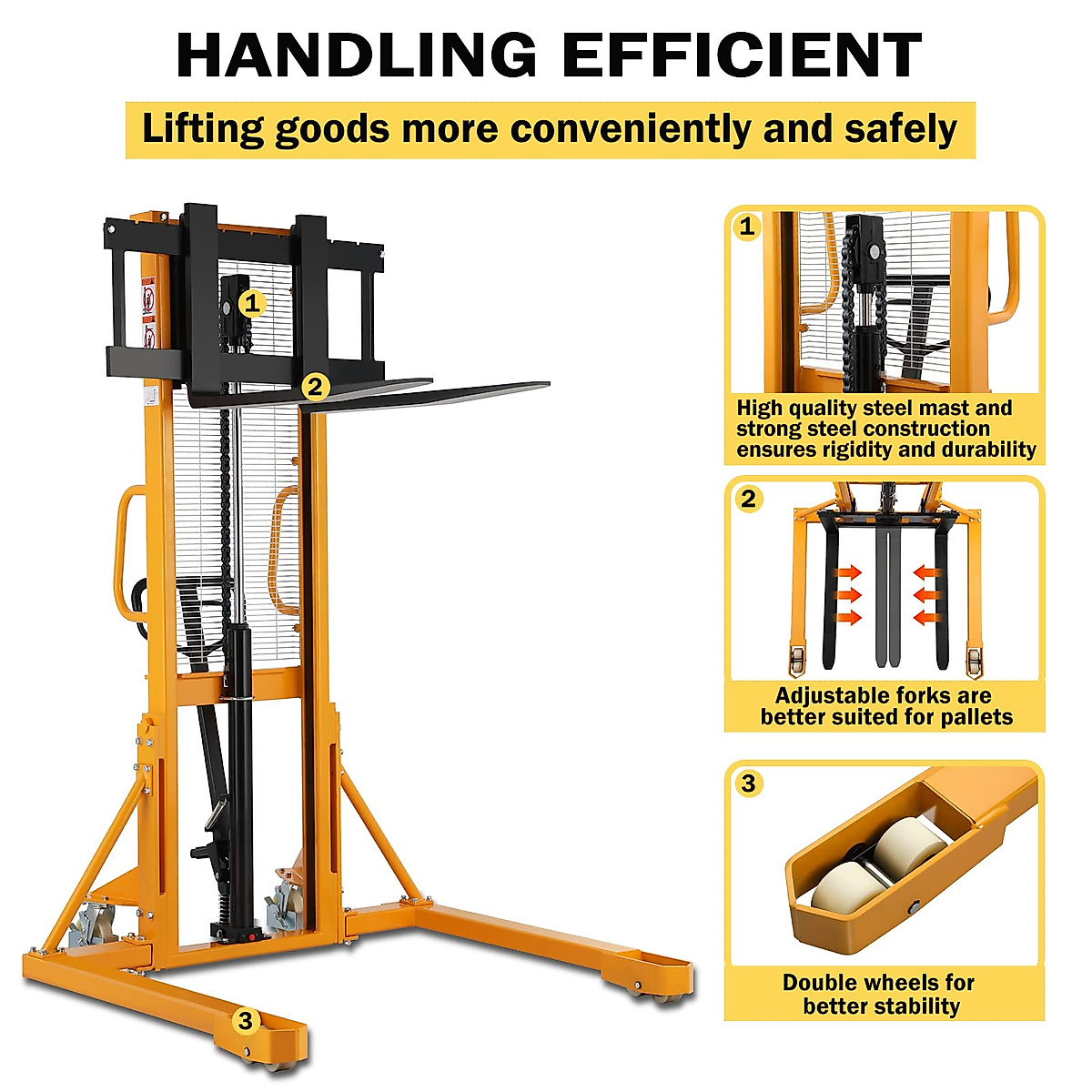 APOLLOLIFT Manual Pallet Stacker with Straddle Legs 2200lbs Capacity 63" Lift Height, Adjustable Forks