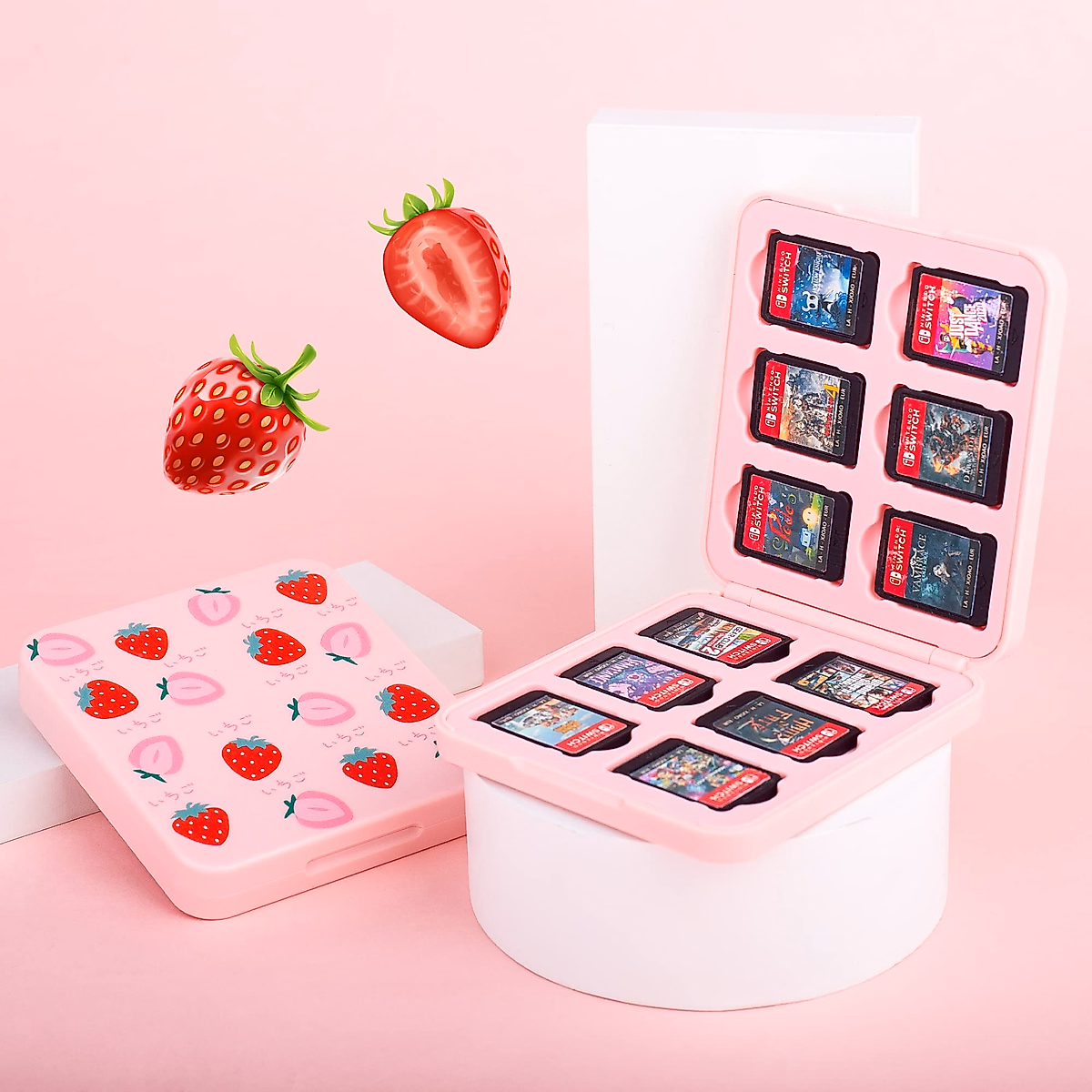 FANPL Game Case Holder for Nintendo Switch/ OLED/ Lite,12 Game Card and 12 Micro SD Card Slots Portable Storage Case for Switch, Cute Switch Cartridge Box with Hard Shell & Soft Liner-Pink Strawberry