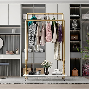 ORSENIGO Industrial Pipe Clothing Rack with Double Rods for Hanging Clothes, Heavy Duty Rolling Clothes Rack with Shelf for Home Boutique Retail Use (Gold)