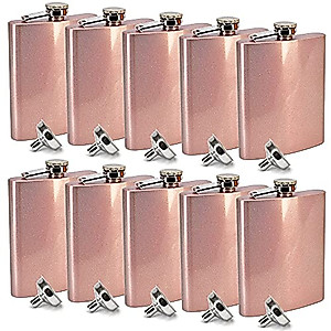 Clear Water Home Goods - 8 oz Rose Gold Holographic Glitter Sparkle Stainless Steel Hip Flask w/ Funnel - Wedding Party - Groomsman - Bridesmaid (10 Pack)