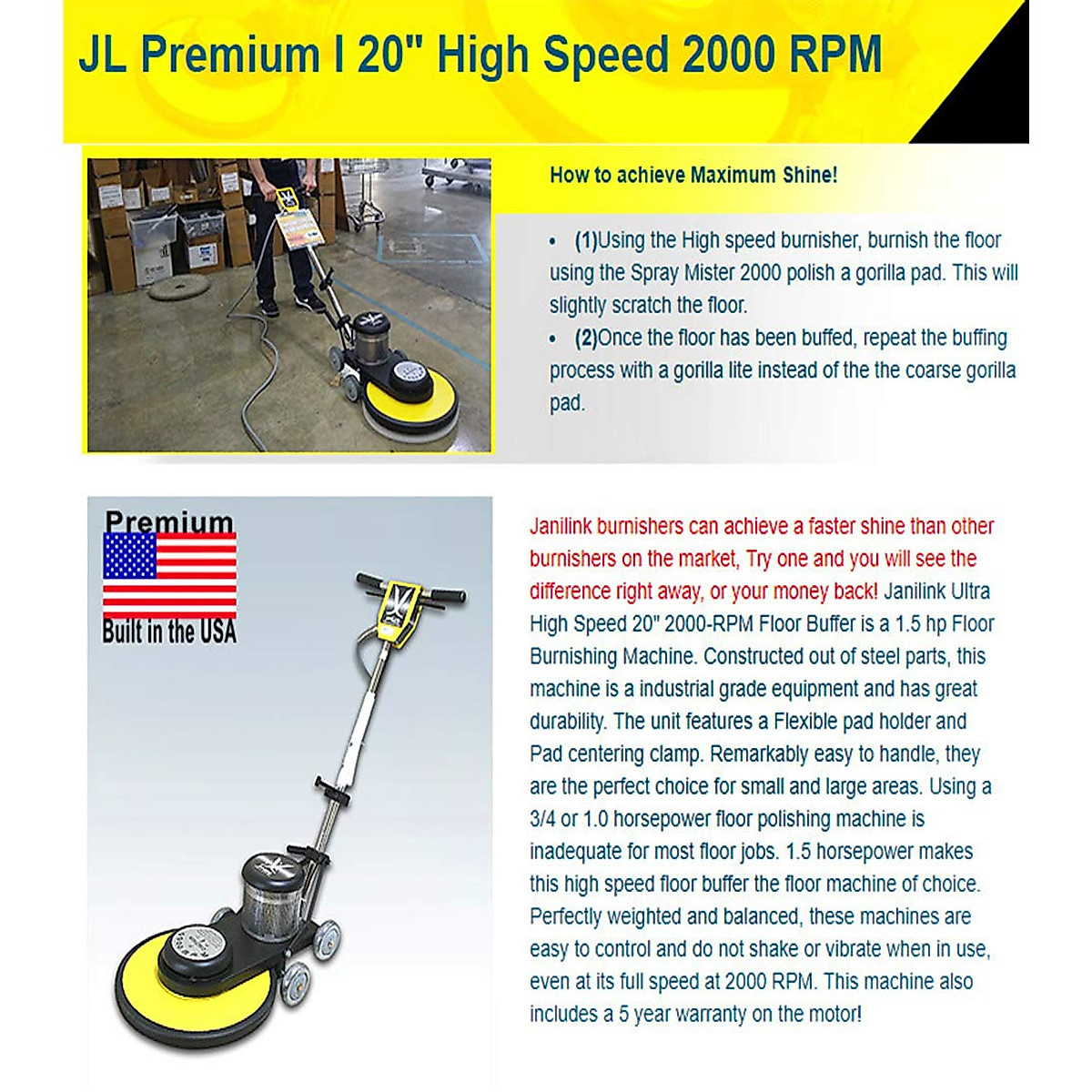 JaniLink Premium 20" High Speed Burnisher 2000 RPM Kit- pads & spray mister