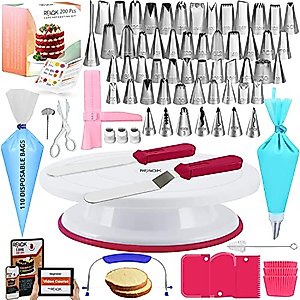 Gift For Women-Cake Decorating Supplies Kit for Beginners RFAQK 200PCs -Cake Turntable with 48 Numbered Piping &7 Korean Tips(Pattern chart included)-Straight & Offset Spatula-Leveler &Baking tools